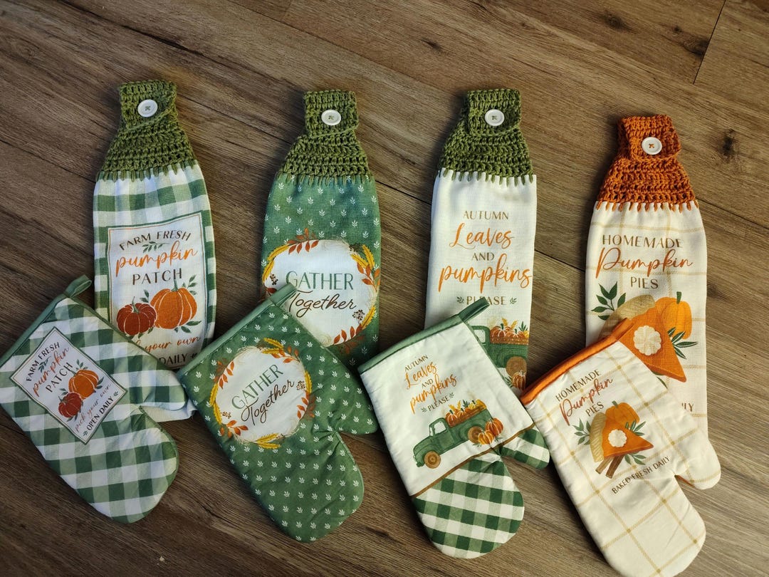 Fall Crochet Hanging Kitchen Towel Oven Mitt Set, Fall, Autumn, Harvest ...