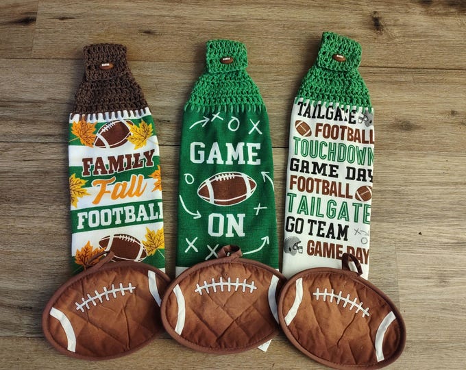 Fall Football Crochet Hanging Kitchen Towel Potholder Set, Double Sided ...