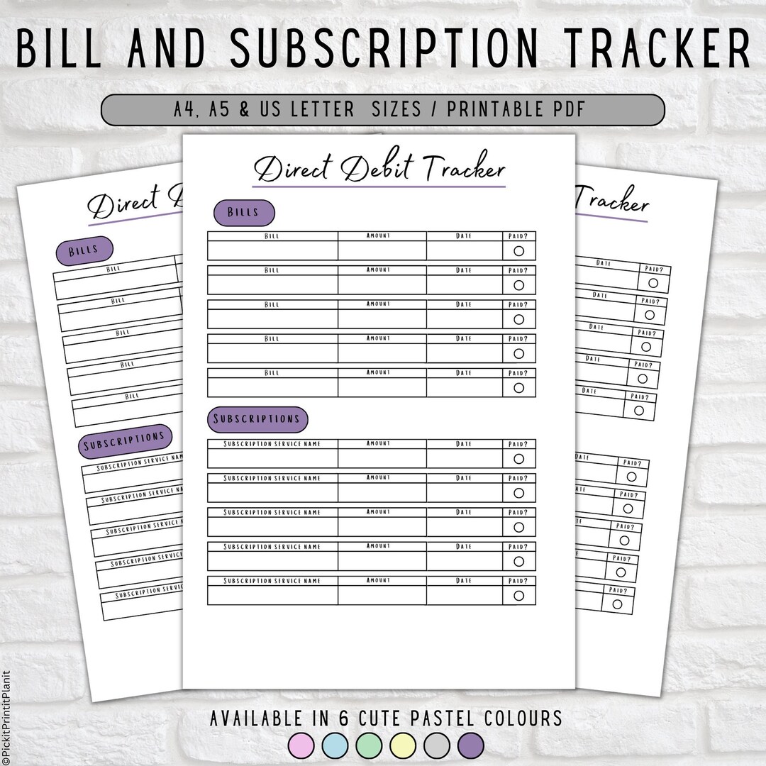 Printable Direct Debit / Bill & Subscription Tracker / Monthly Payment ...