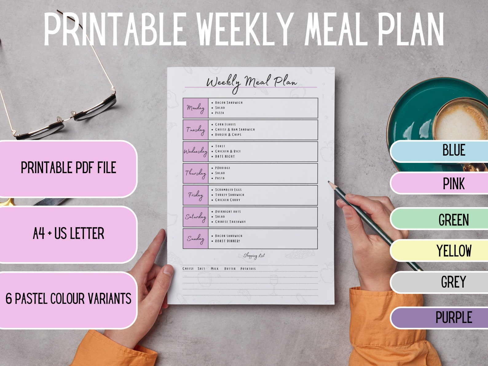 Printable Weekly Food Plan / Simple Food Tracking Sheet / With Shopping ...