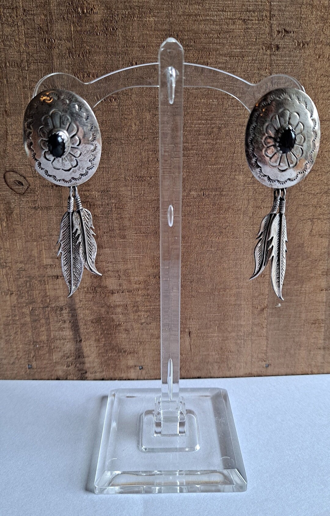 Native American STERLING Silver Concha Feather Onyx Stone Dangle Long ...