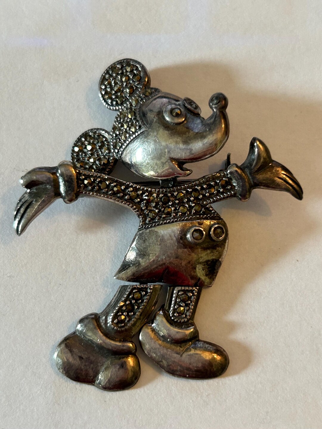 Mickey Mouse Sterling Silver Marcasite Tremble Moveable Brooch Pendant ...