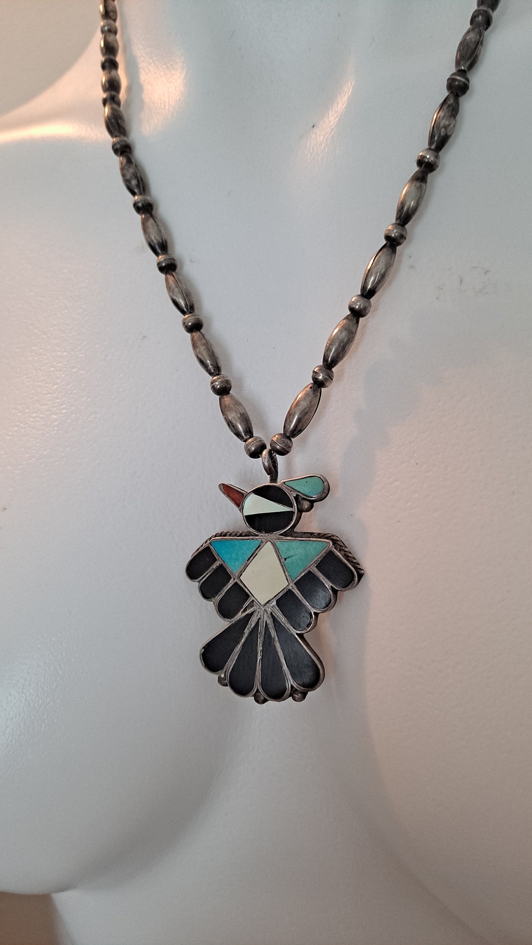 ZUNI Thunderbird Inlay Stone STERLING Silver Turquoise Coral Native ...