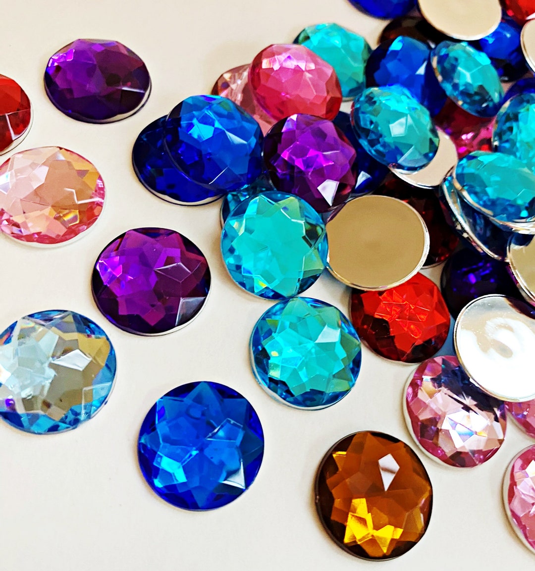 Bejeweled Gemstone Cabochons, 18mm, Acrylic Rhinestone, Faceted, Mixed ...