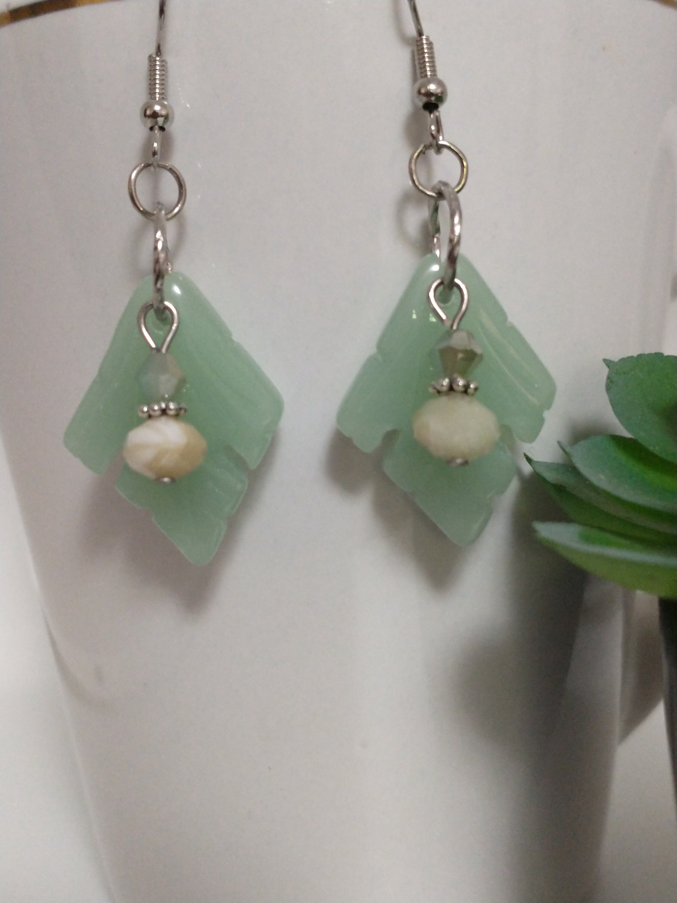 Green Leaf Earrings, Green Leaf and Beige Earrings, Green Earrings ...