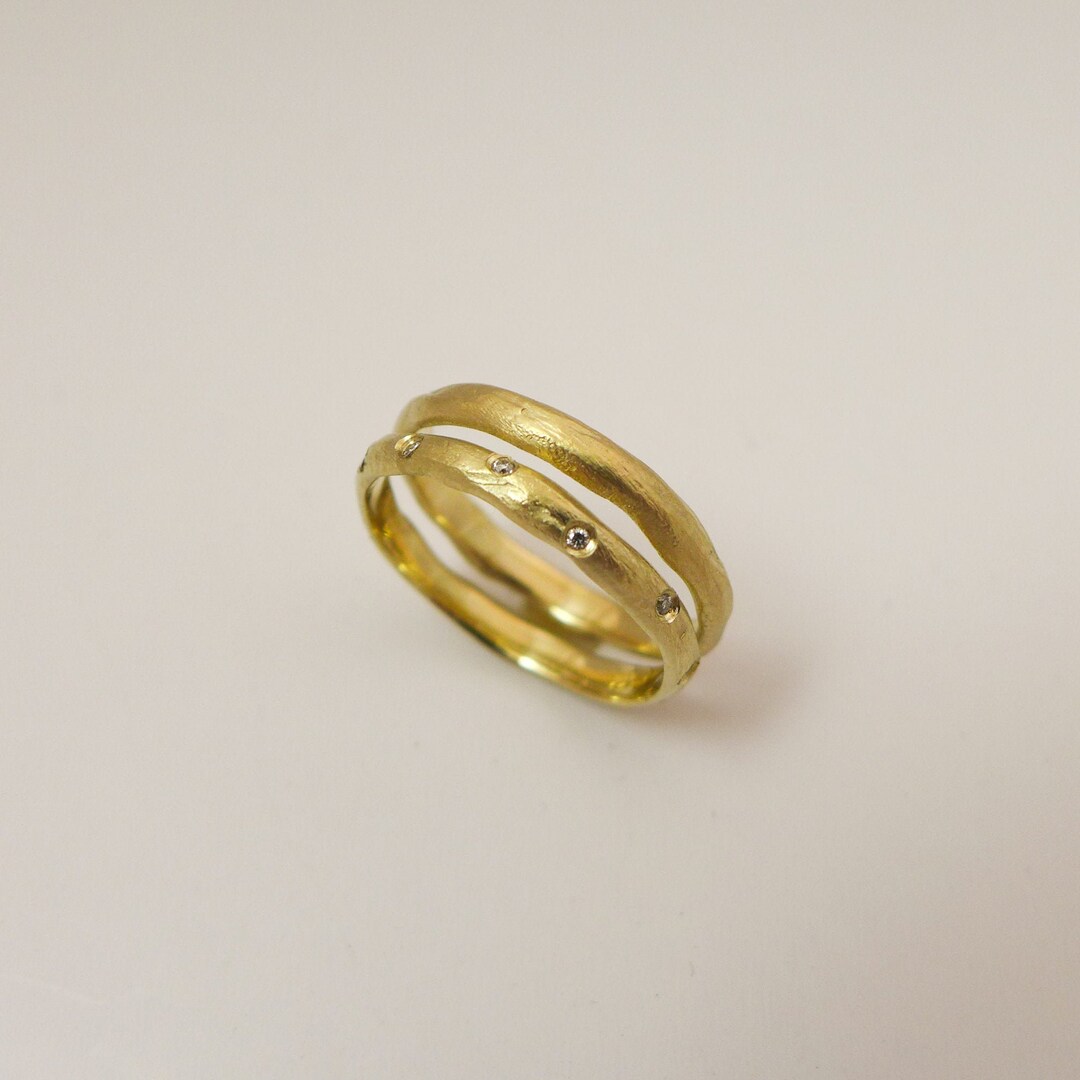 Raw Gold Bridal Rings Set, Engagement and Wedding Bands Handmade of 14K ...