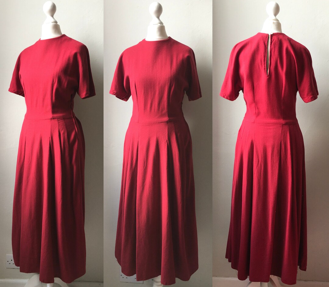 Vintage 1940s 1950s Red Worsted Wool Day Dress With Round Neck, Short ...