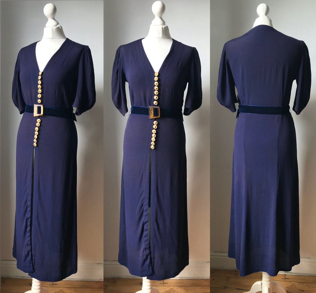 Vintage 1930s 1940s Indigo Midnight Blue Rayon Crepe V-neck Dress Coat ...