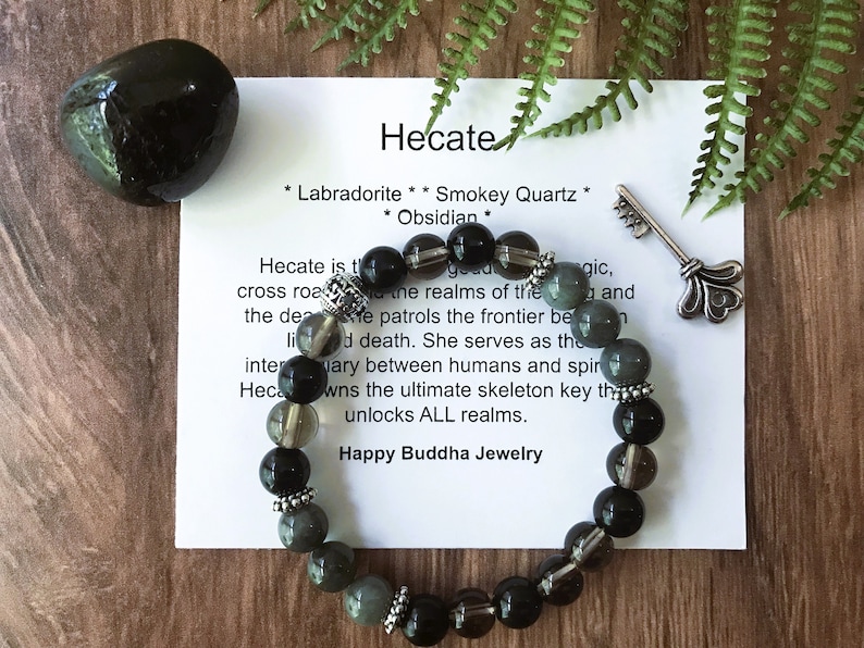 Hecate Goddess Gemstone Bracelet: Labradorite, Smokey Quartz, Obsidian ...