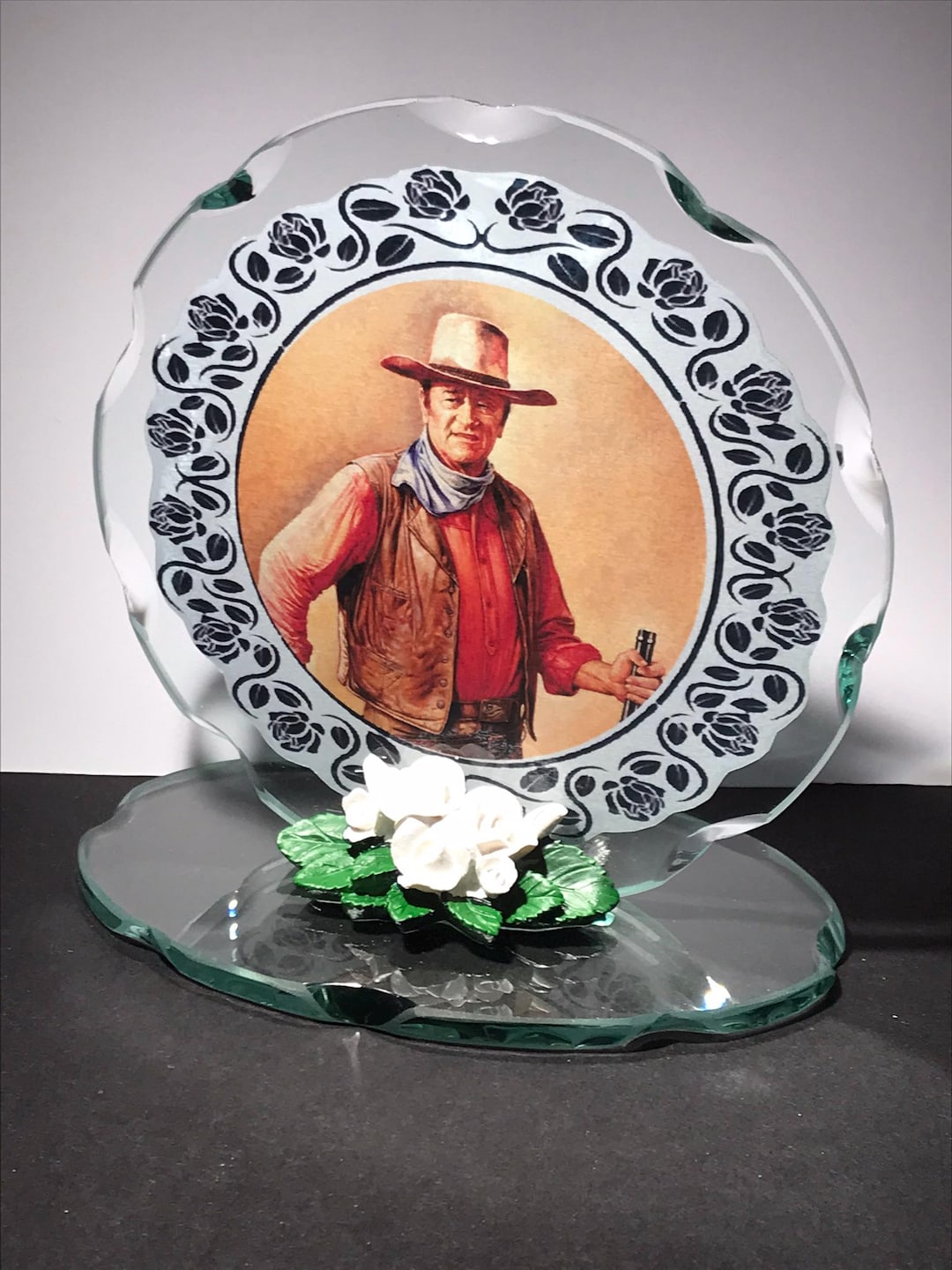 John Wayne , Silver Screen, Western Movies, Cut Glass Round Plaque ...