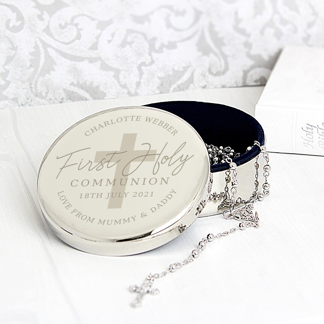 Personalised First Holy Communion Round Trinket Box & Rosary Beads Set ...