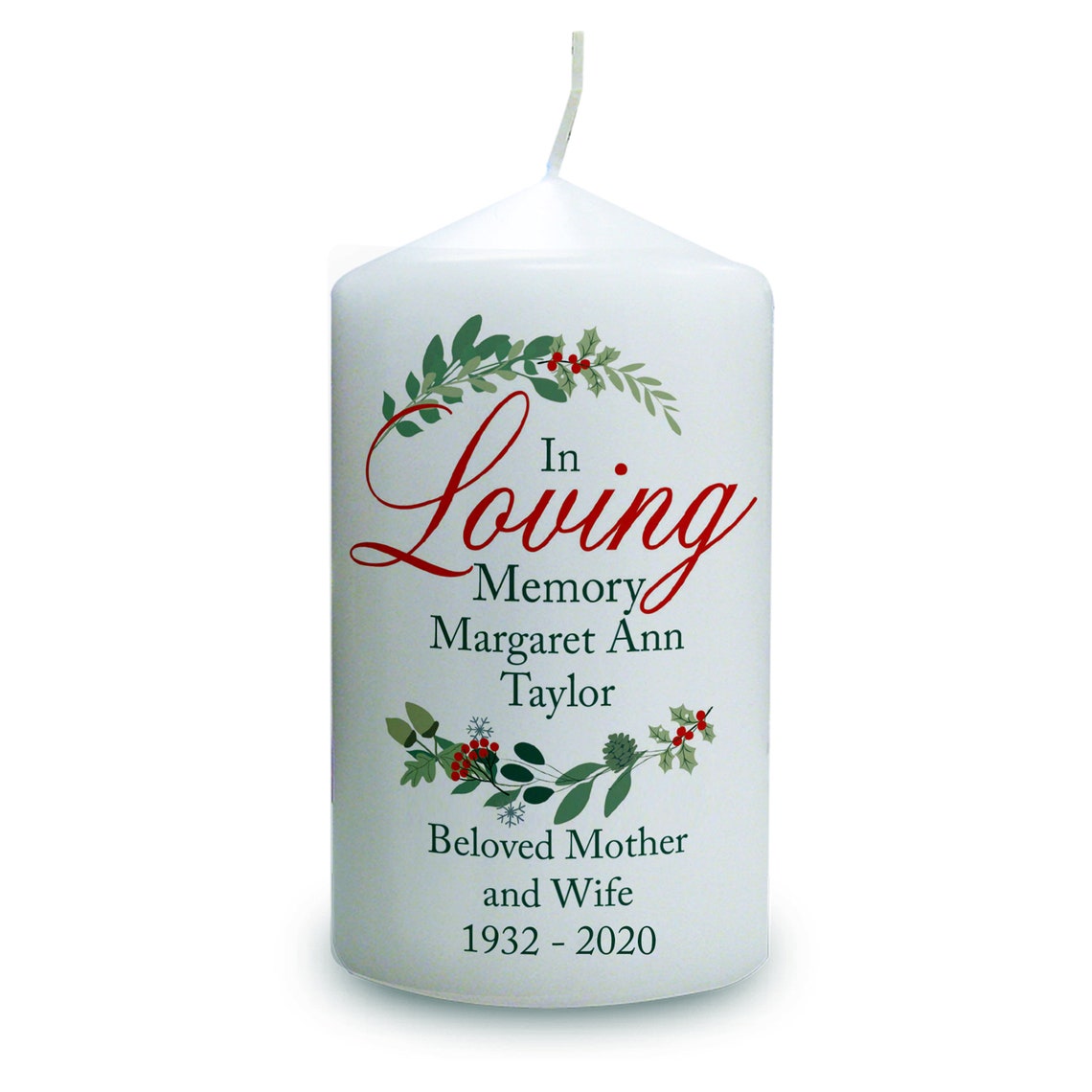 Personalised in Loving Memory Wreath Pillar Candle by Cellini Candles ...