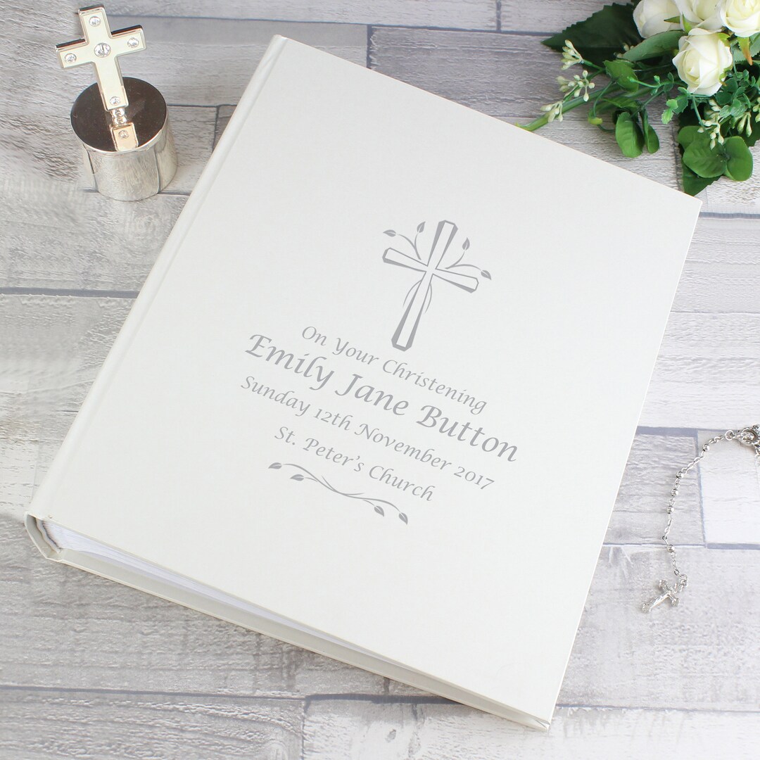 Baptism Personalised Silver Cross Photo Album With Sleeves by Cellini ...