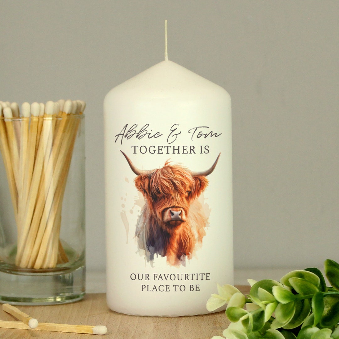 Personalised Highland Cow Pillar Candle by Cellini Candles - Etsy