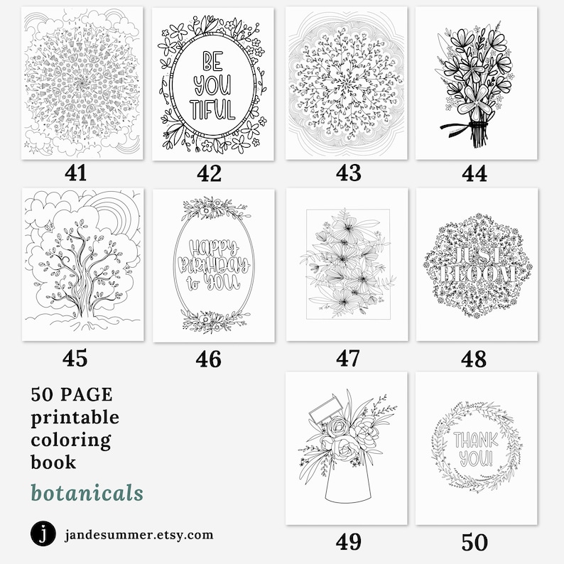 50 Coloring Pages | Botanical Digital Coloring Book Floral ...