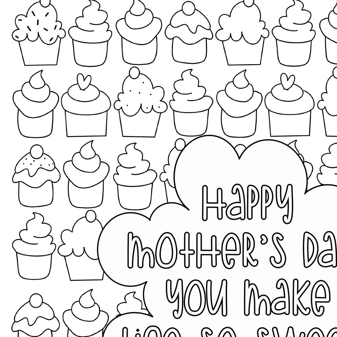 Happy Mother's Day Printable Digital Cupcakes Coloring | Etsy