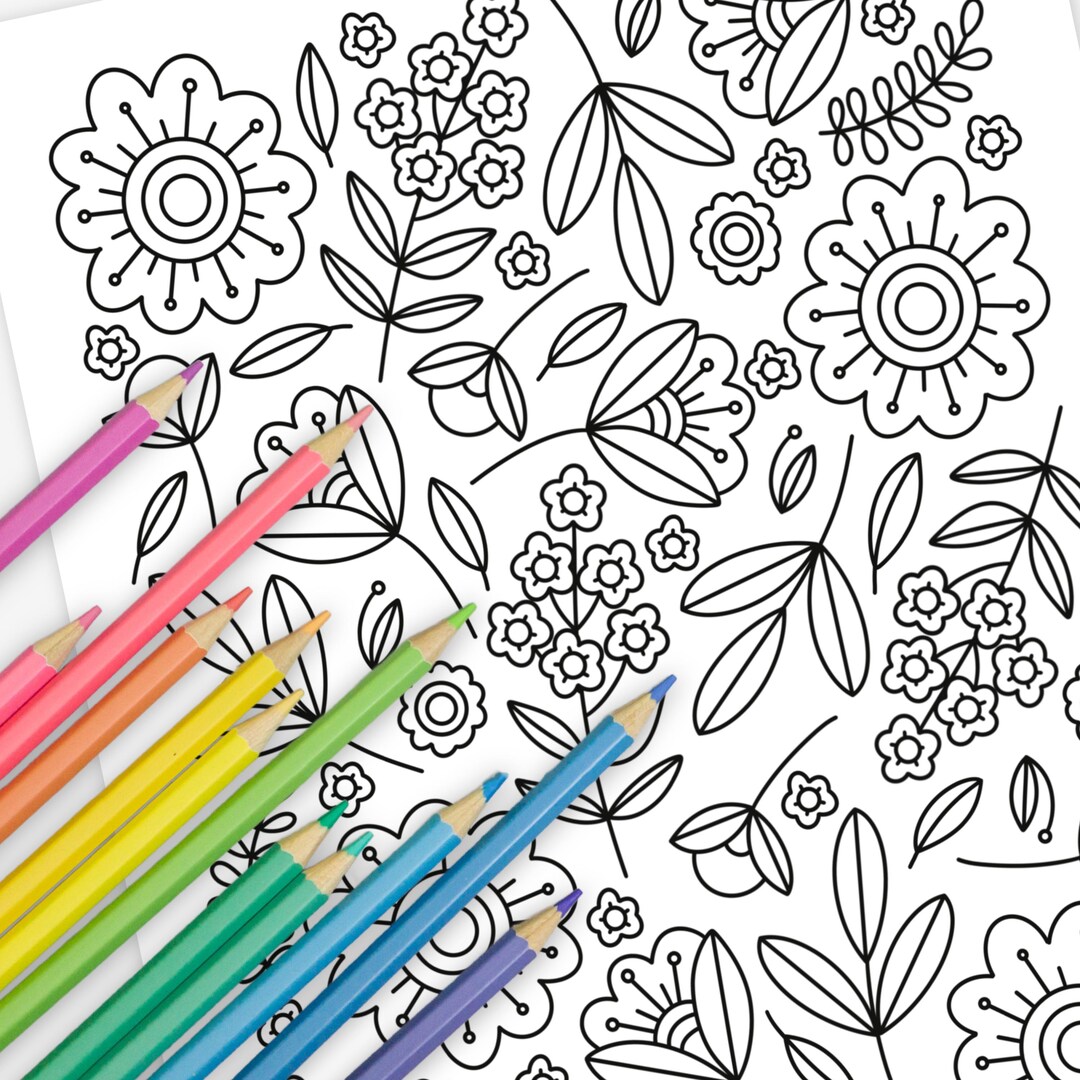 Spring Folk Floral Printable Coloring Page | Hand Illustrated Flower ...