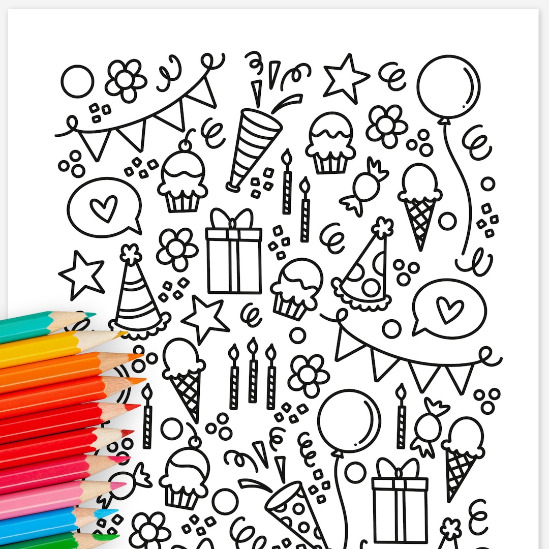 Birthday Party Printable Coloring Page | Hand-drawn Coloring Sheet ...