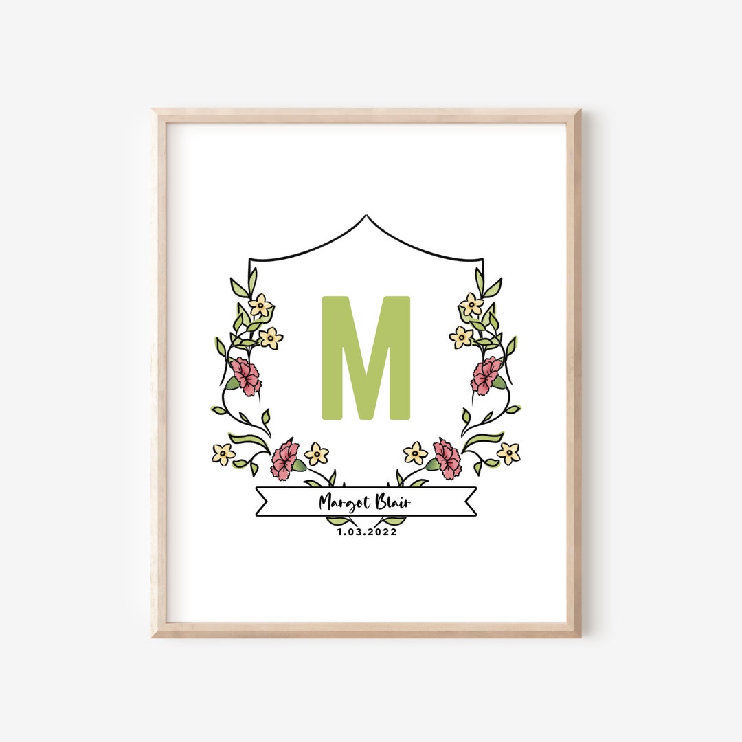 Birth Flower Initial Crest Print Custom January Carnation Monogram Art ...