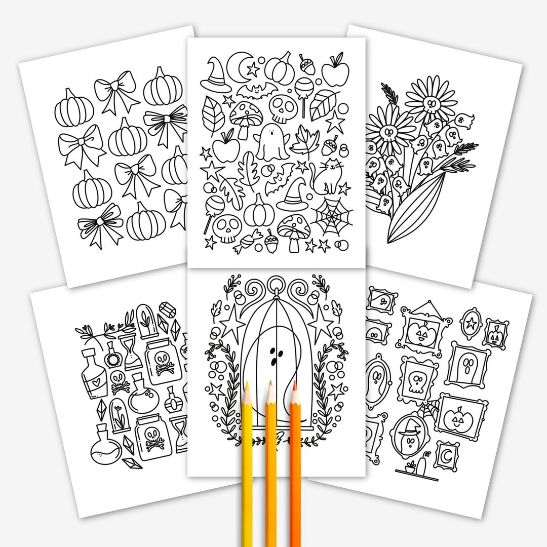 15 Halloween Coloring Printable Pages | Hand-drawn Fall Autumn Digital ...