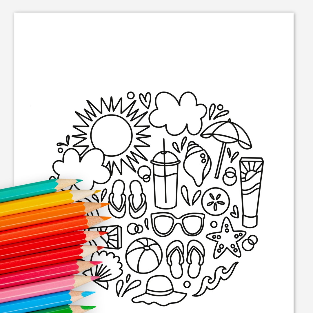 Beach Day Printable Coloring Page | Vacation Sunshine Ocean Themed ...