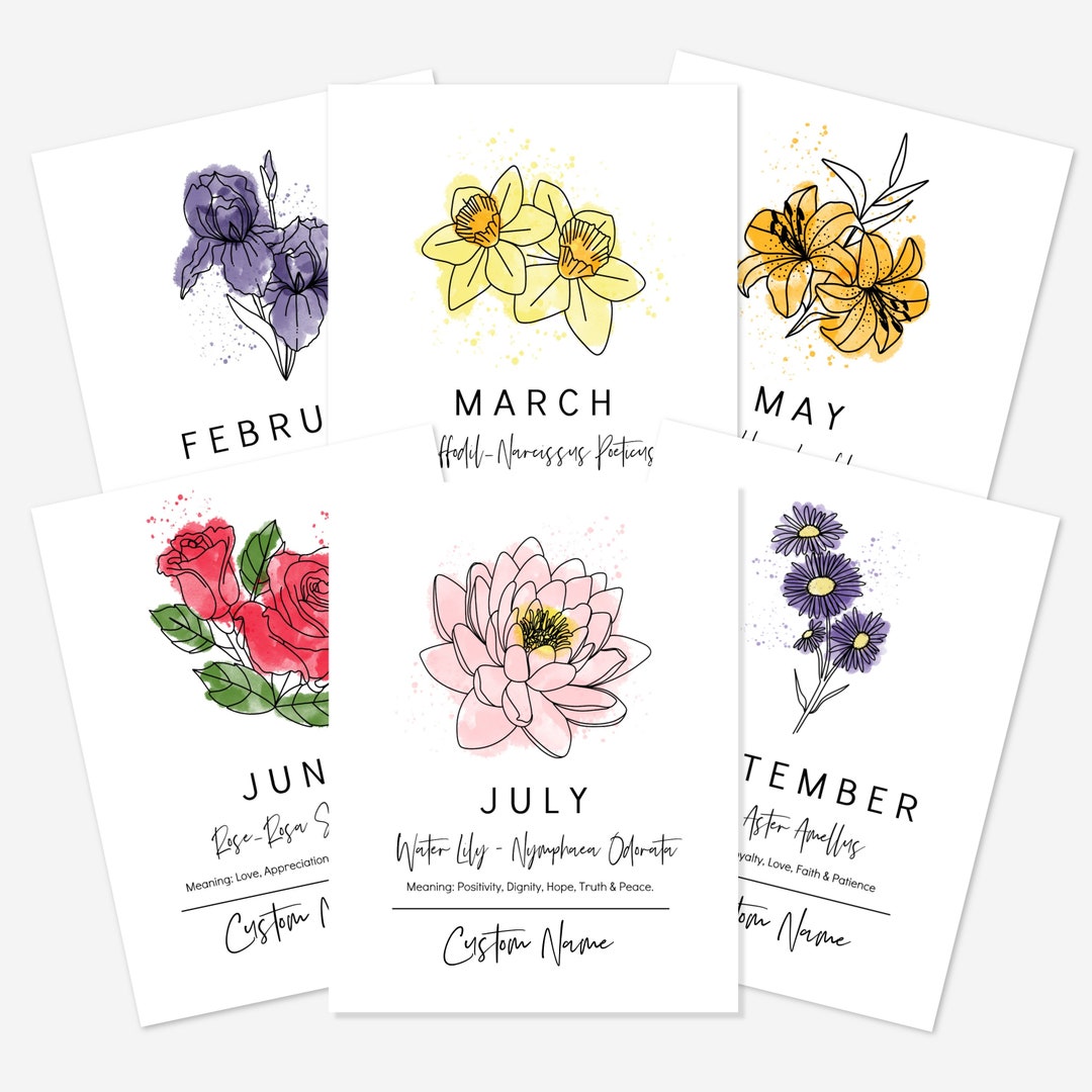 Custom Name Birth Flower Unframed Art Print | Personalized Watercolor ...