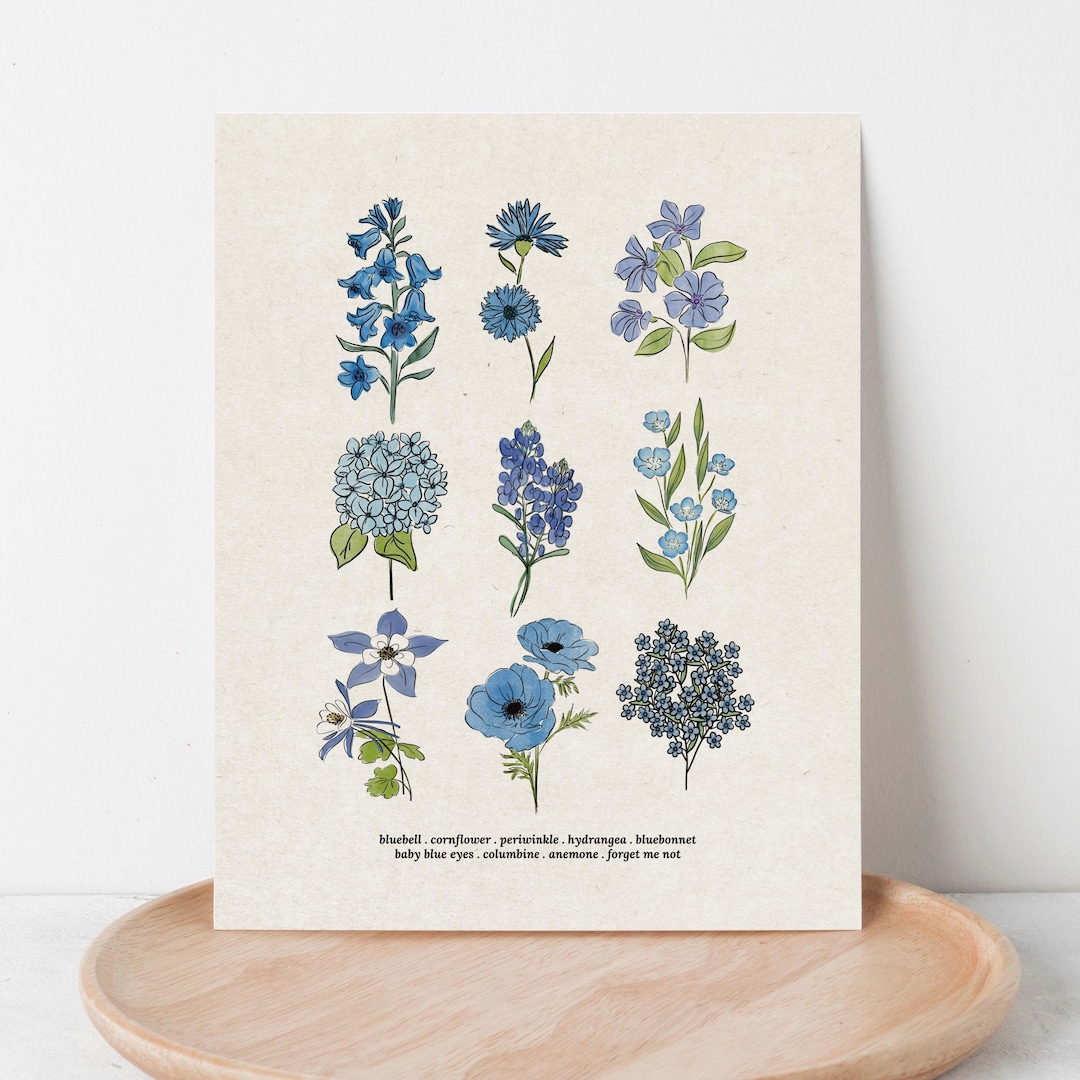 Blue Flower Chart Unframed Art Print | Antique Paper Background ...