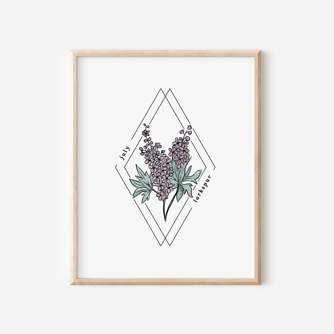 July Larkspur Birth Flower Printable Watercolor Floral Diamond Frame ...