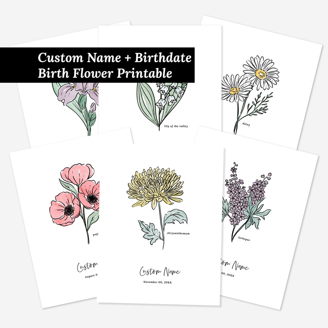 Personalized Name Birth Flower | Printable Watercolor Floral Line Art ...