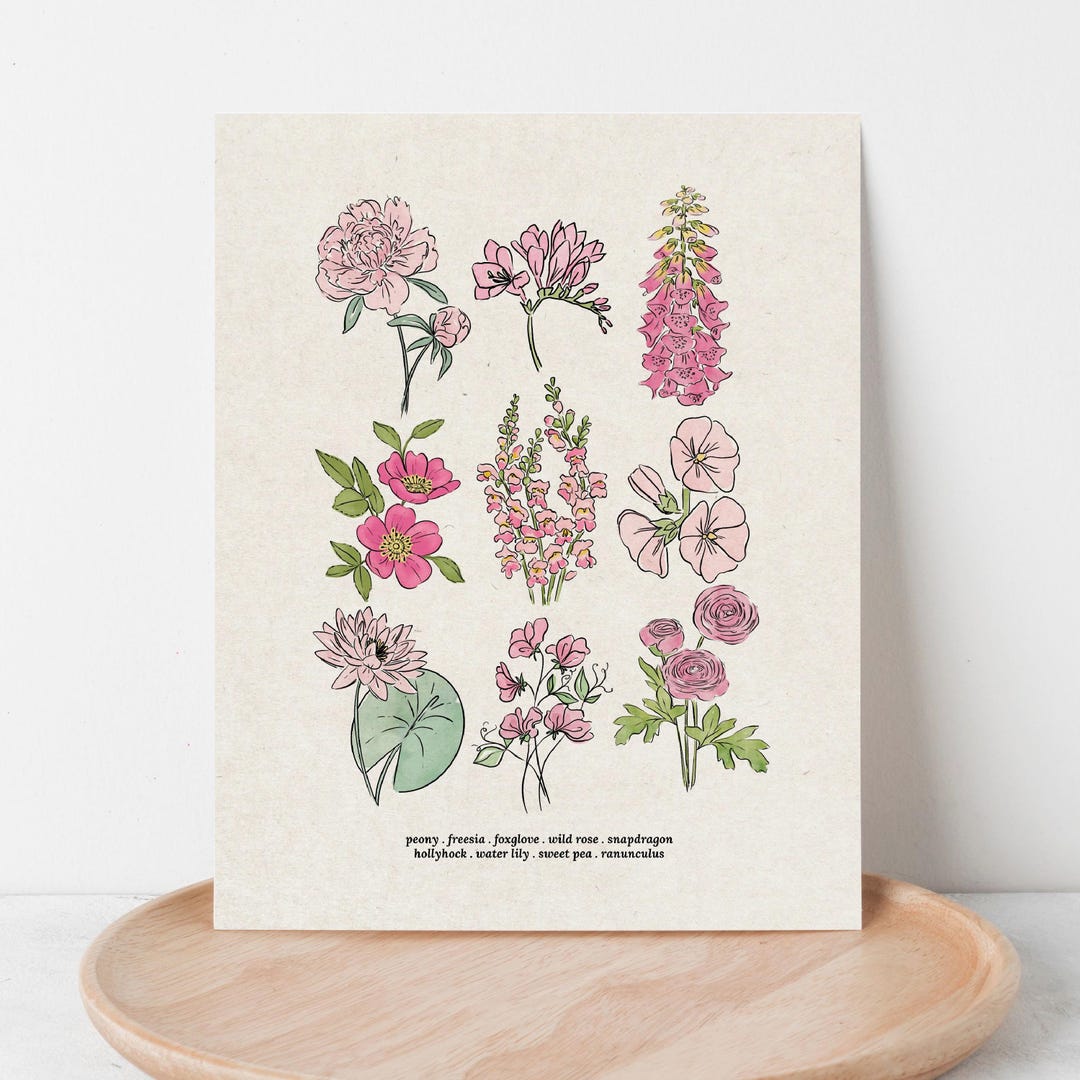 Pink Flower Chart Unframed Art Print | Antique Paper Background | Peony ...