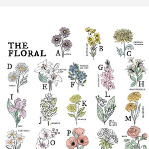 Flower Alphabet Chart | Illustrated Sketched Floral Unframed Art Wall ...