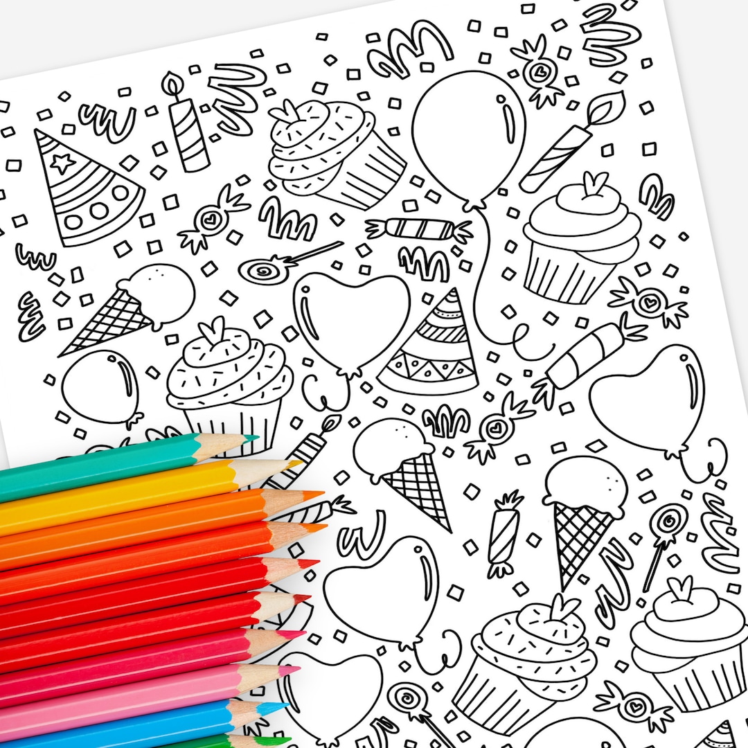 Party Balloons Cupcakes Printable Coloring Page | Hand-drawn Coloring ...