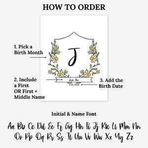 Birth Flower Initial Crest Print | Custom Name Monogram Art ...
