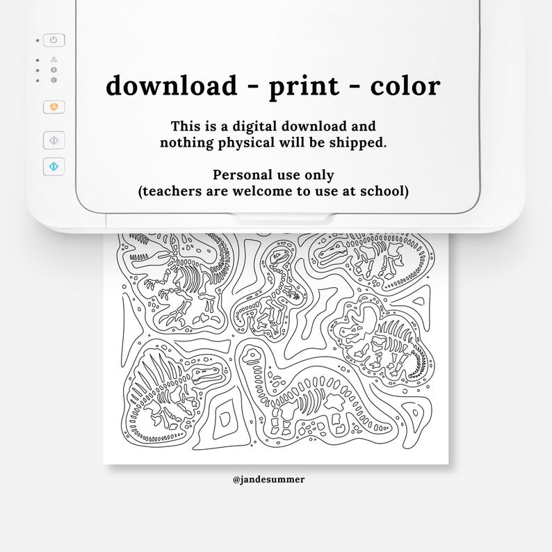 Dinosaur Fossils Coloring Page Printable | Detailed Dino Dig School ...