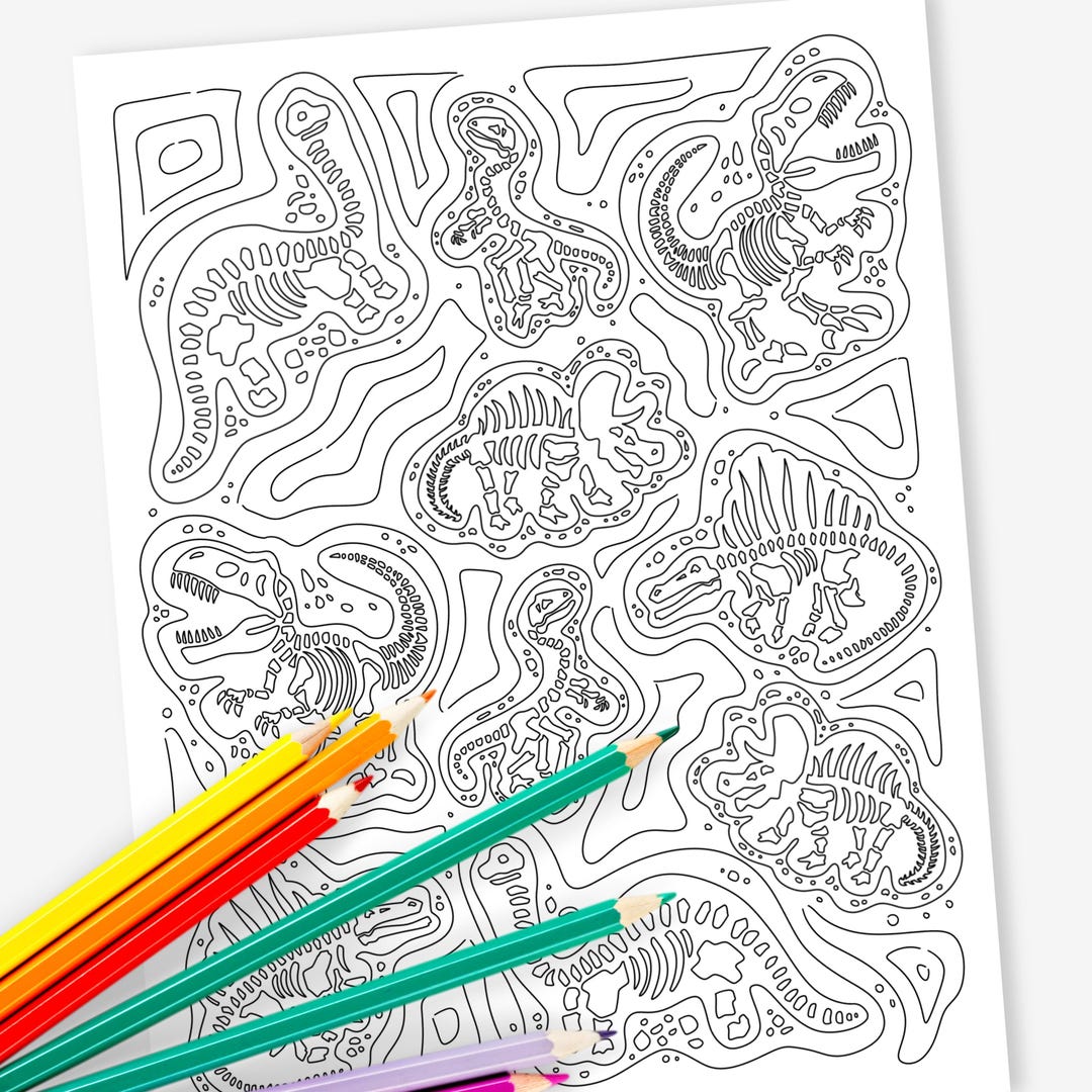 Dinosaur Fossils Coloring Page Printable | Detailed Dino Dig School ...