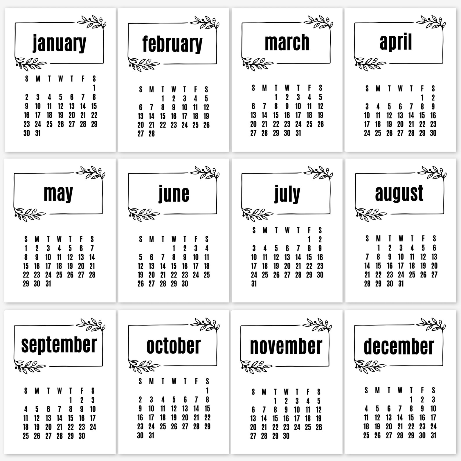 2022 Printable Calendar Black & White Foliage Digital | Etsy