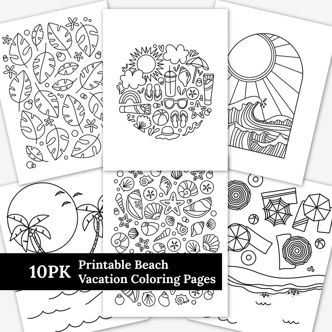 10 PK Beach Vacation Printable Coloring Pages | Tropical Travel ...
