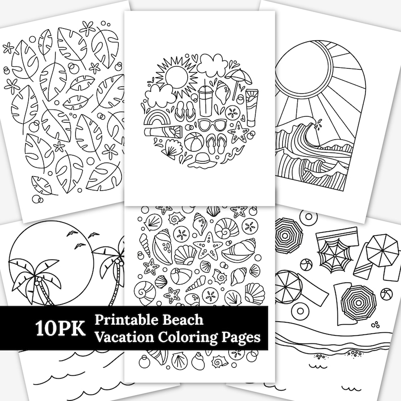 10 PK Beach Vacation Printable Coloring Pages | Tropical Travel ...