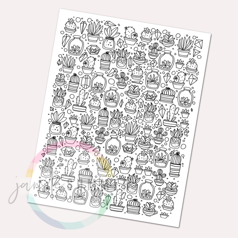 Succulents and Cactus Printable Hand-drawn Coloring Page Plants ...