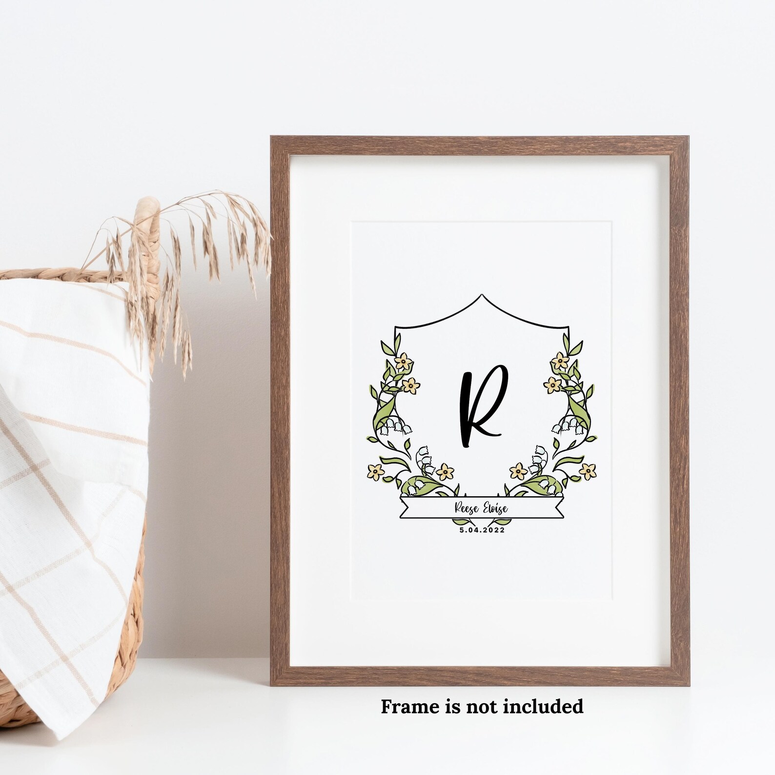 Birth Flower Initial Crest Print | Custom Name Monogram Art ...