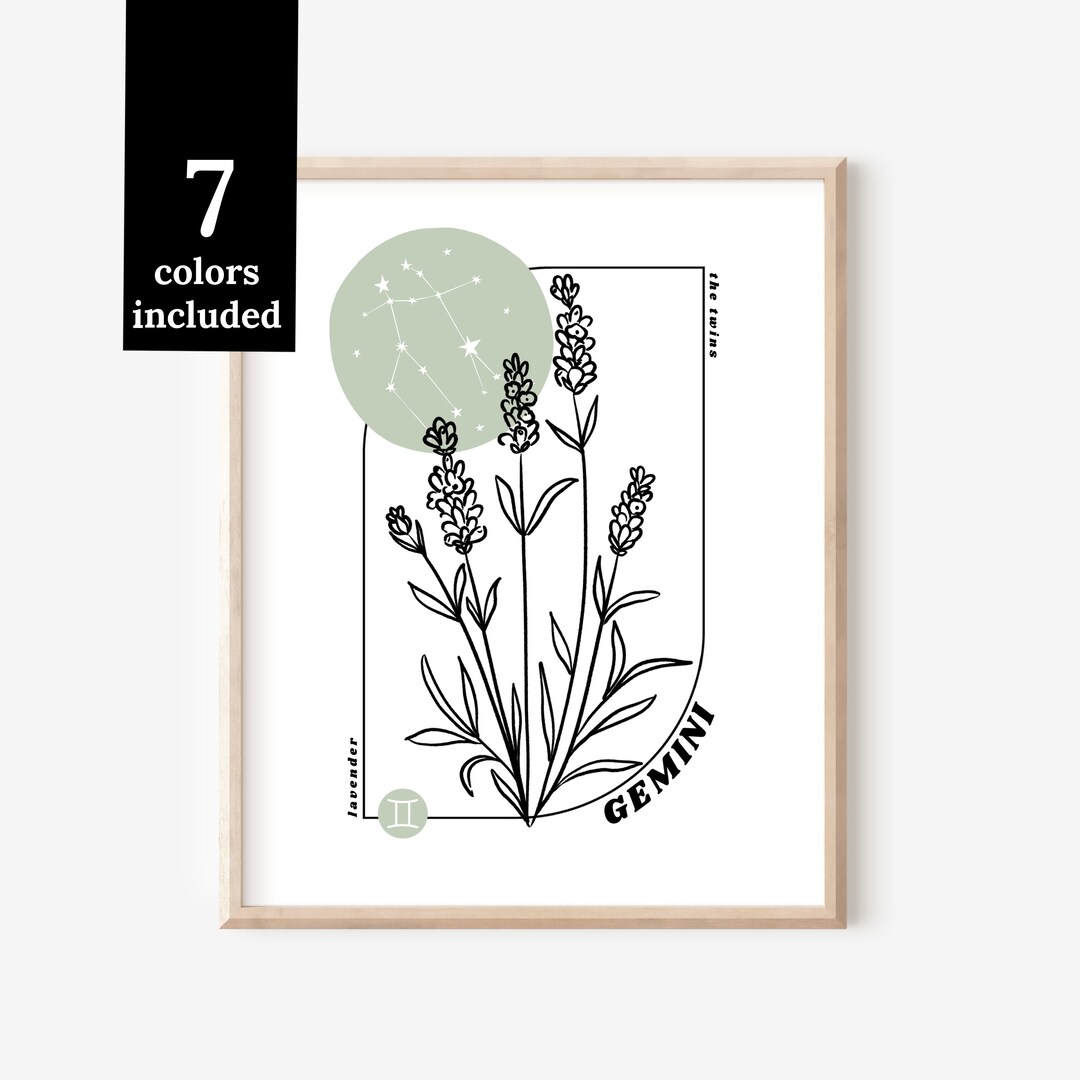 Carta do signo do zodíaco de Gêmeos Lavanda Astro Flor de nascimento ...