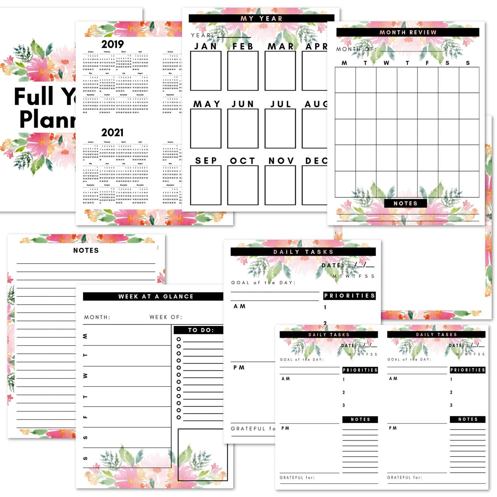 Watercolor Floral Planner Printables Set of 9 Daily Weekly - Etsy