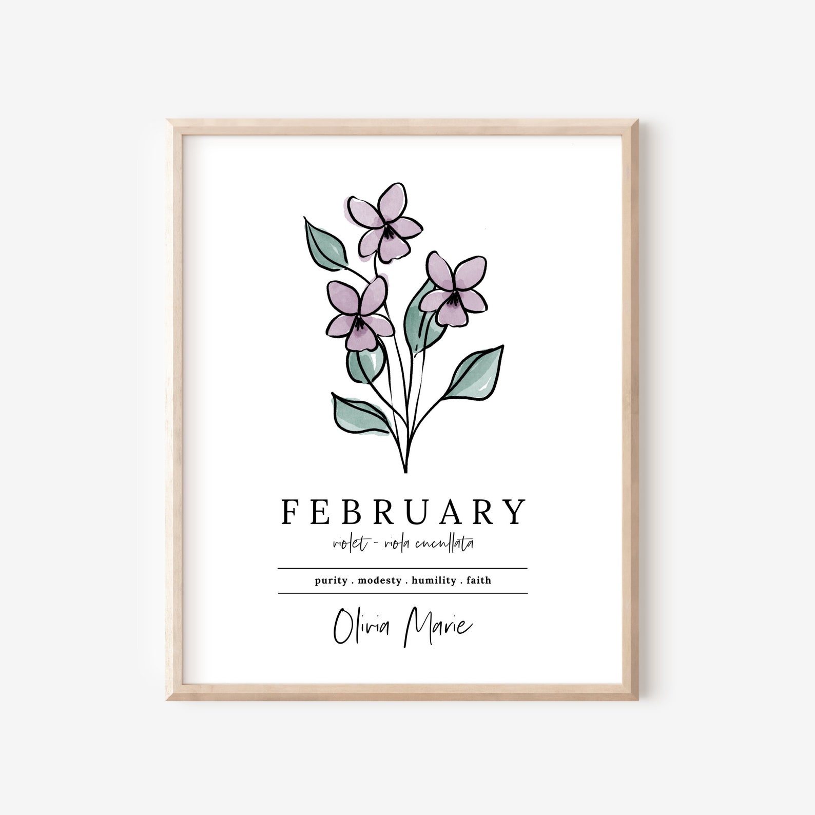 February Purple Violet Birth Flower Personalized Name Unframed Art ...