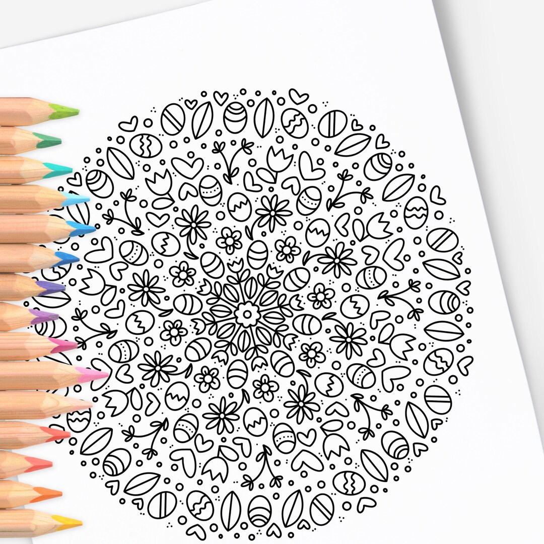 Easter Eggs and Spring Flowers | Hand-drawn Coloring Page Print & Color ...