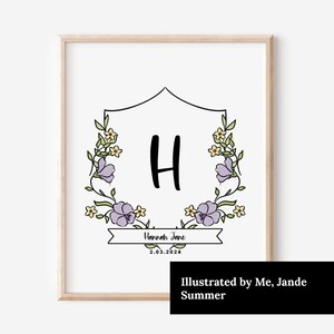 Birth Flower Initial Crest Print | Custom Name Monogram Art ...