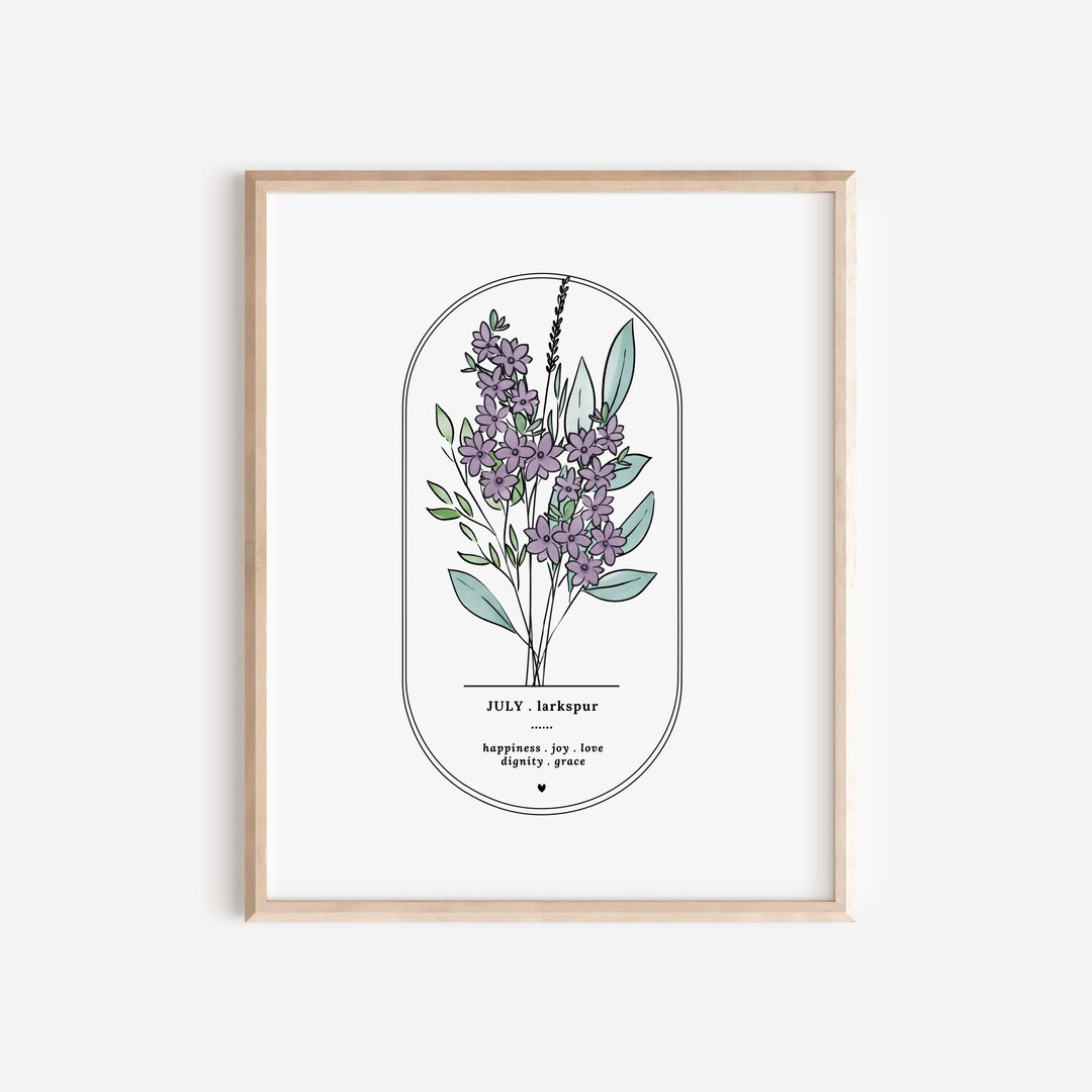 July Birth Flower Larkspur Arch Oval Frame Simple Art Printable - Etsy