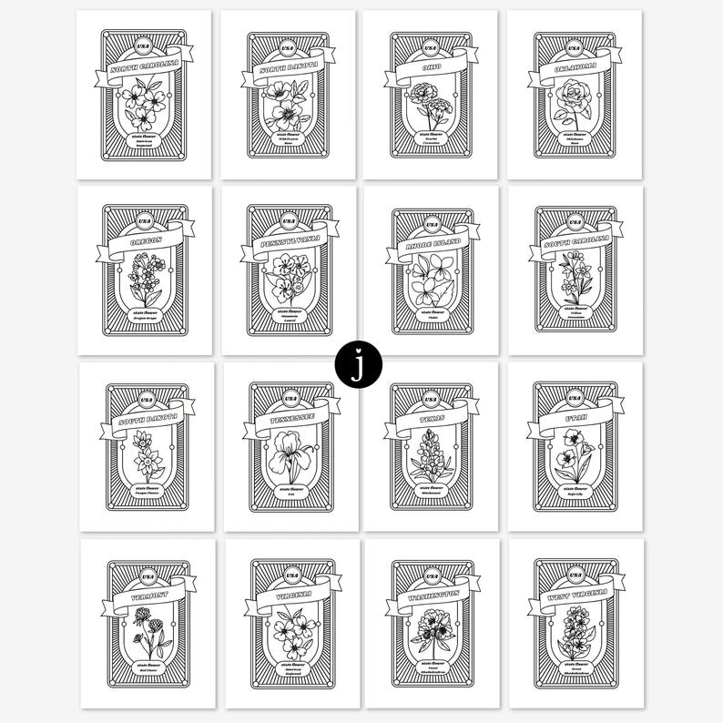 Mini US State Flowers Coloring Book 50 Pages Illustrated by Jande ...