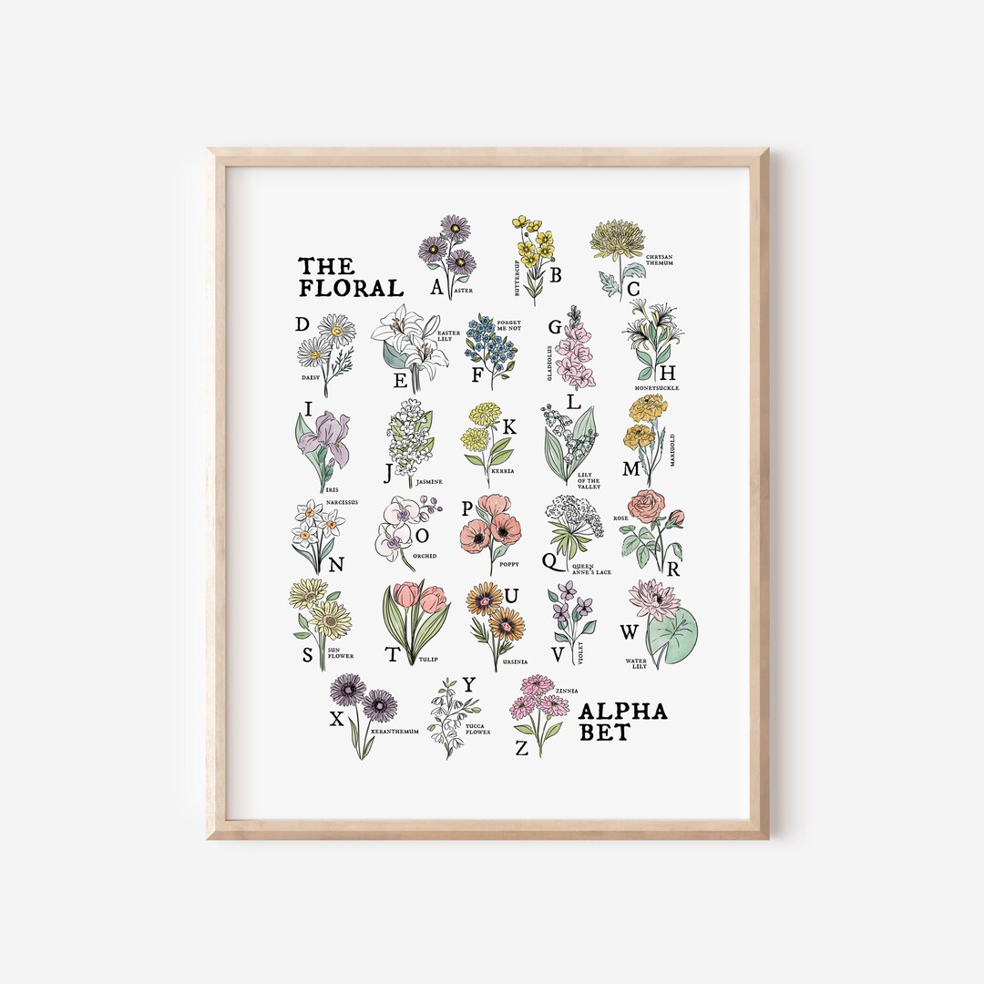 Flower Alphabet Chart | Illustrated Sketched Floral Unframed Art Wall ...