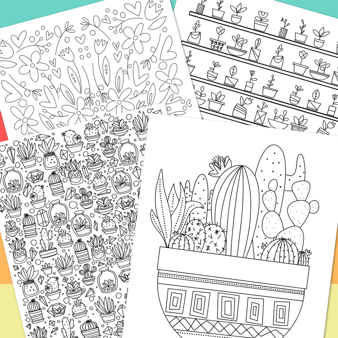 4 Pack Cactus Flowers & Succulent Plants | Hand-drawn Coloring Page ...