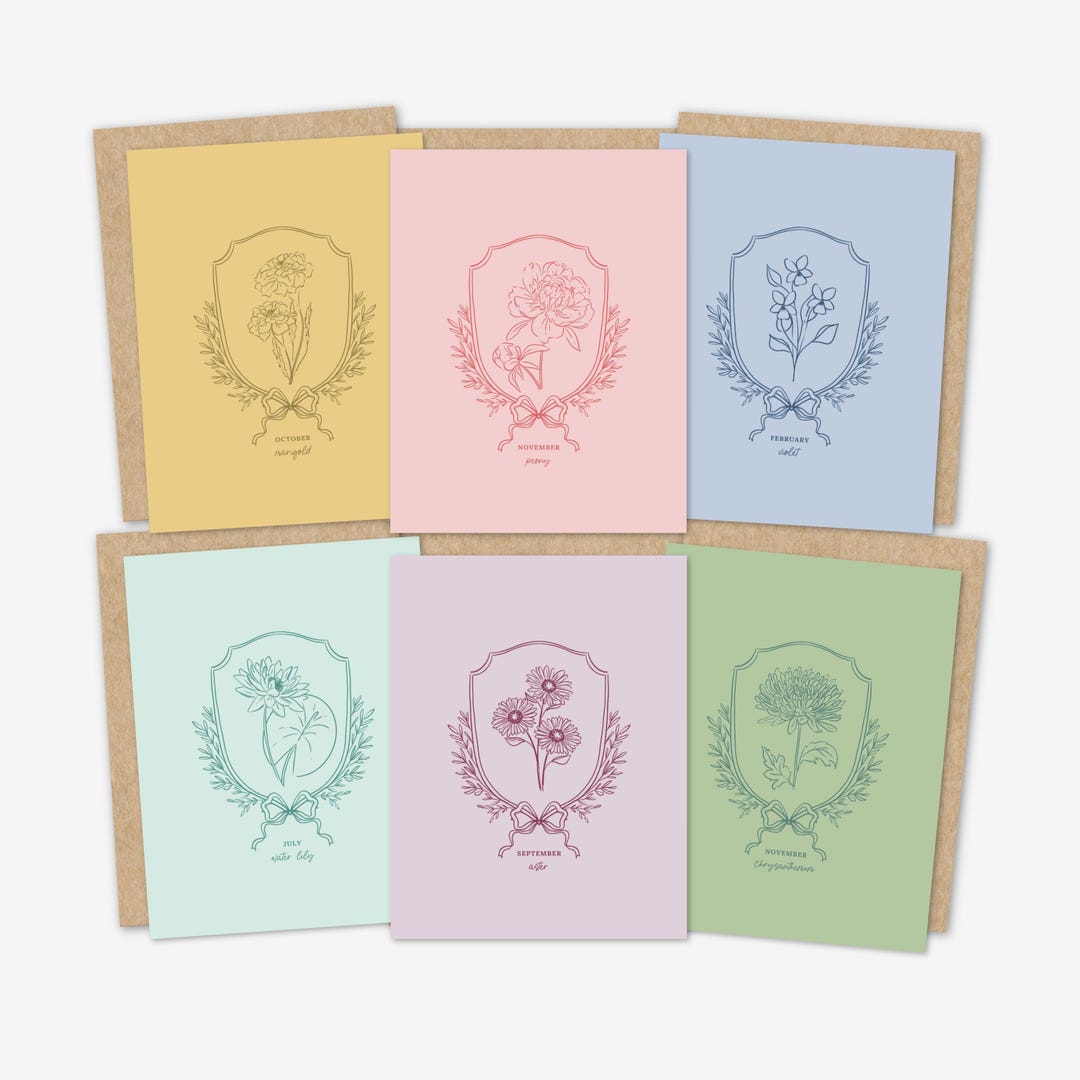 Pick 6 Birth Flower Cards + Envelopes | 9 Color Options | Kraft or ...